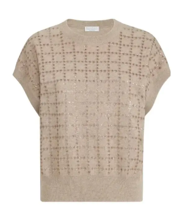 Brunello Cucinelli Cashmere-knit T-shirt With Dazzling Windowpane Embroidery - Beige