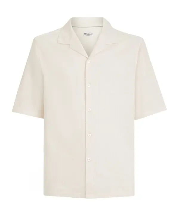 Brunello Cucinelli Linen And Cotton Chevron Jersey Short Sleeve Shirt With Camp Collar - White