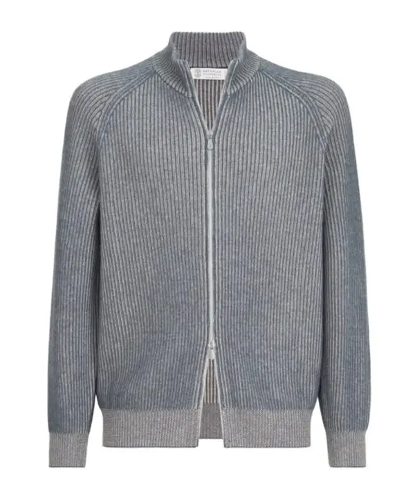 Brunello Cucinelli Cashmere Vanisé English Rib High-neck Cardigan - Blue