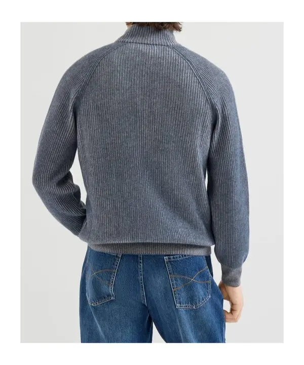 Brunello Cucinelli Cashmere Vanisé English Rib High-neck Cardigan - Blue