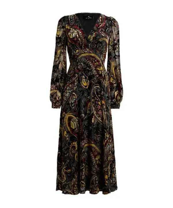 Etro Midi Wrap Dress In Burnout Velvet With Floral Paisley Motif - Black