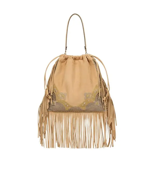 Etro Tassel Studded Suede Shoulder Bag - Nude