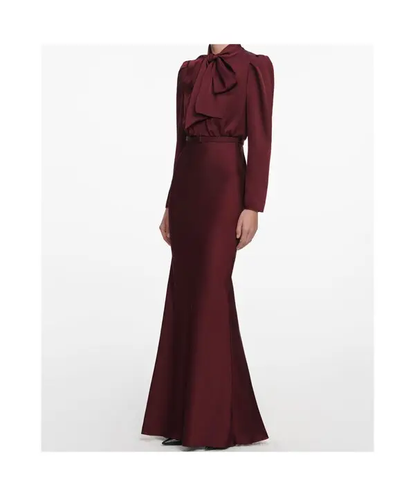 SELF-PORTRAIT Burgundy Satin Maxi Dress With Tie Neck