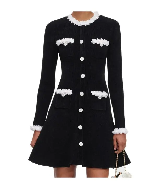 SELF-PORTRAIT Chenille Knit Flower Trim Mini Dress - Black