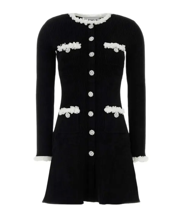 SELF-PORTRAIT Chenille Knit Mini Dress With Floral Trim - Black
