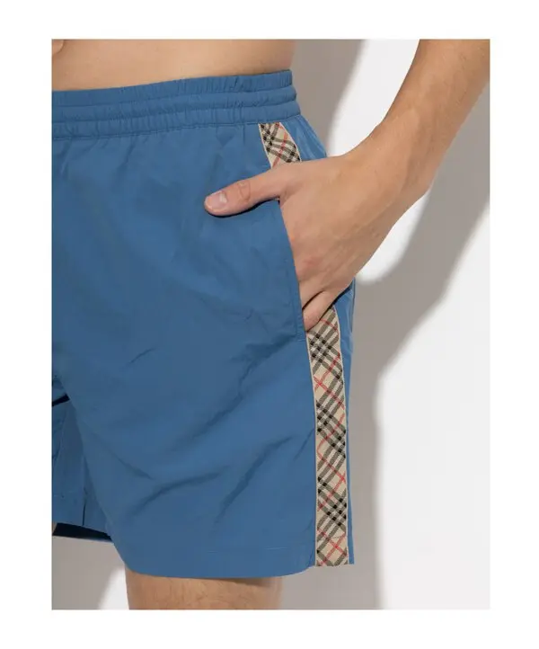 Burberry Elastic Waist Swimming Trunks With Check Panels - Blue