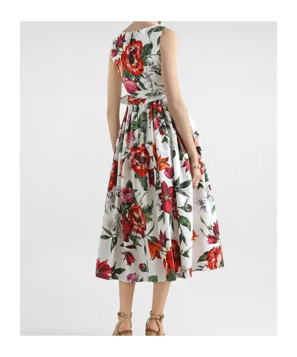 Dolce & Gabbana Sleeveless Floral Print Poplin Midi Dress - Multi-color