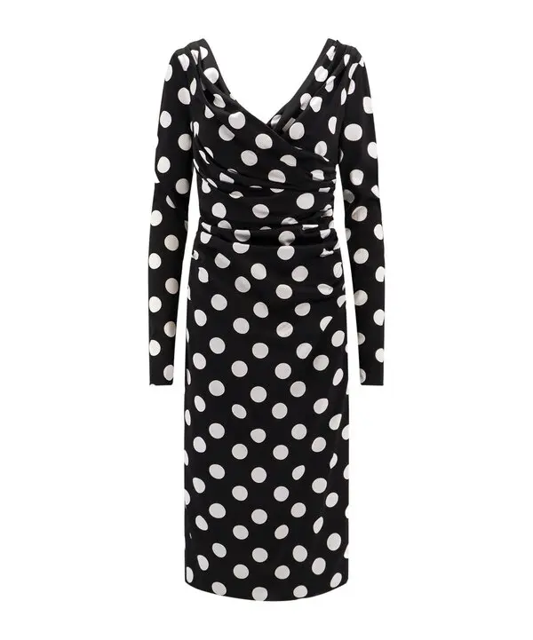 Dolce & Gabbana Dolce Gabbana Polka-dot Printed V-neck Midi Dress - Black