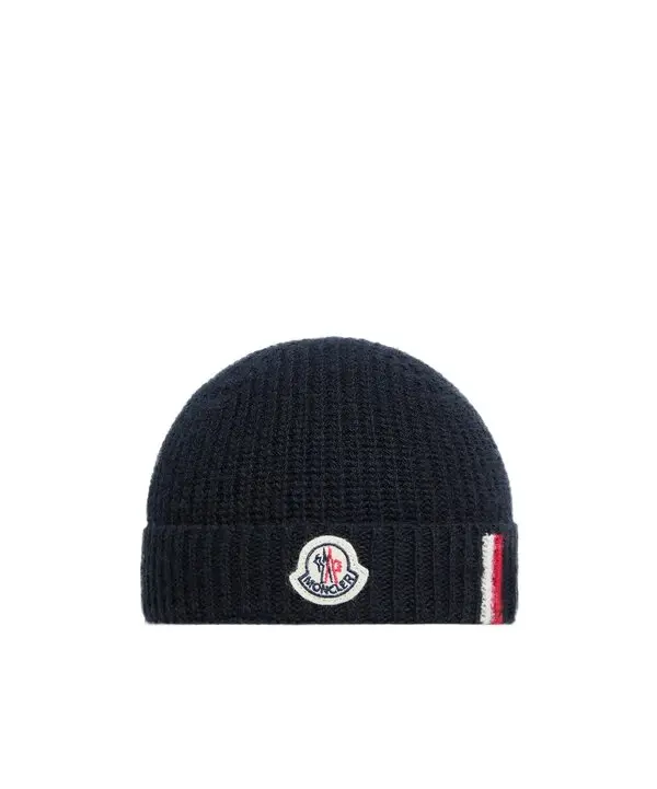Moncler Wool Beanie With Tricolour Trim - Navy Blue