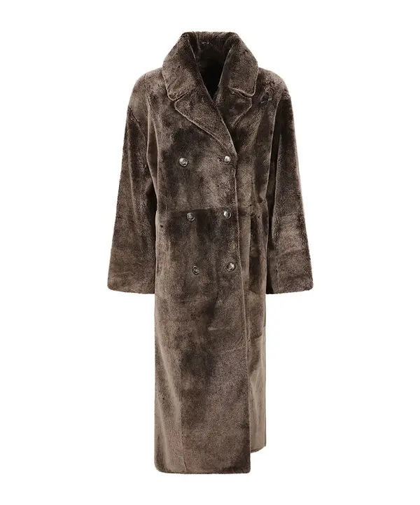 YVES SALOMON Long Double-breasted Shearling Coat - Brown
