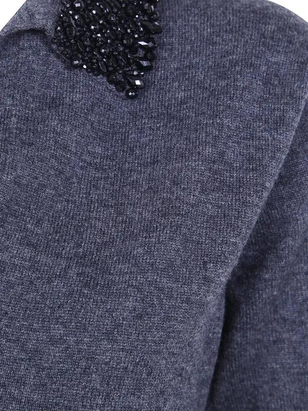 SEMICOUTURE Bead-embellished Knitted Polo Sweater - Medium Grey