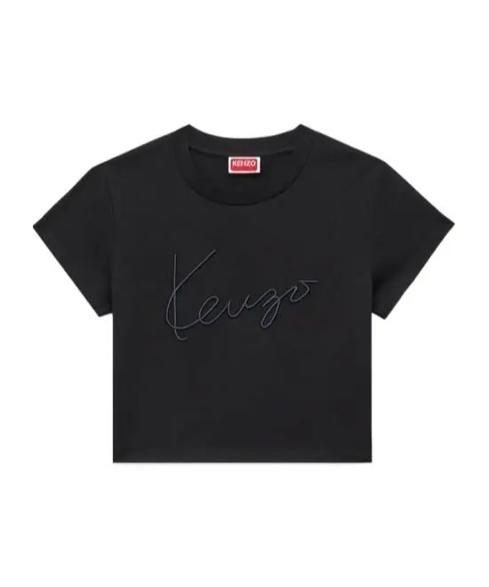 Kenzo Signature' Embroidered Cropped T-shirt In Cotton - Black