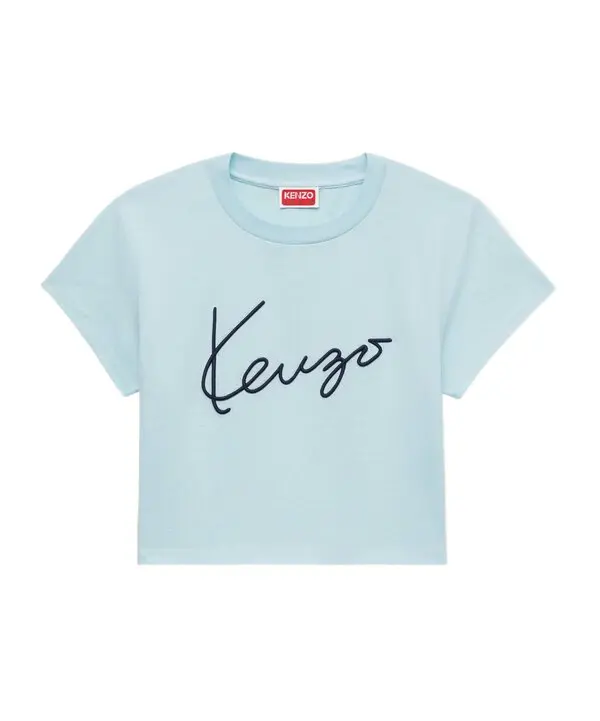 Kenzo Signature' Embroidered Cropped T-shirt In Cotton - Blue