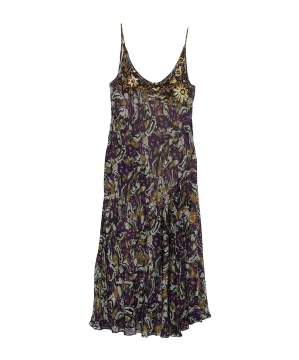 Dries Van Noten Abstract Print Bead Embellishment Spaghetti Strap Dress - Purple