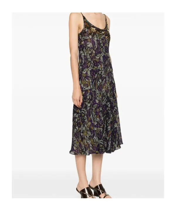 Dries Van Noten Abstract Print Bead Embellishment Spaghetti Strap Dress