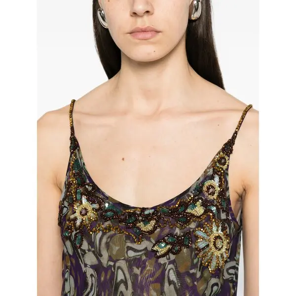 Dries Van Noten Abstract Print Bead Embellishment Spaghetti Strap Dress