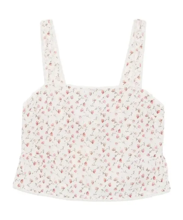 Posse Charlotte Floral-print Lace-trim Cotton Tank Top - Beige