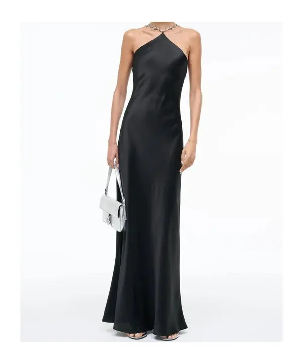 Staud Long Satin Halterneck Dress With Silver Beaded Straps