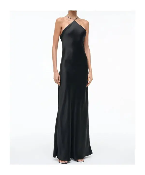 Staud Long Satin Halterneck Dress With Silver Beaded Straps