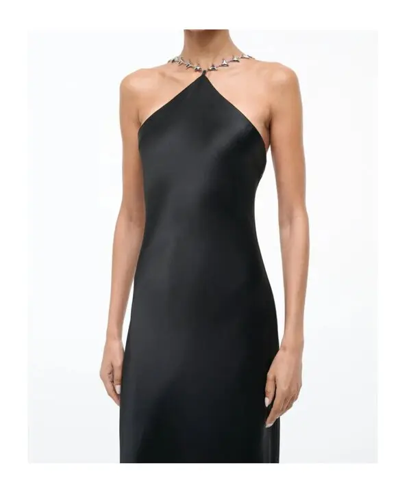 Staud Long Satin Halterneck Dress With Silver Beaded Straps