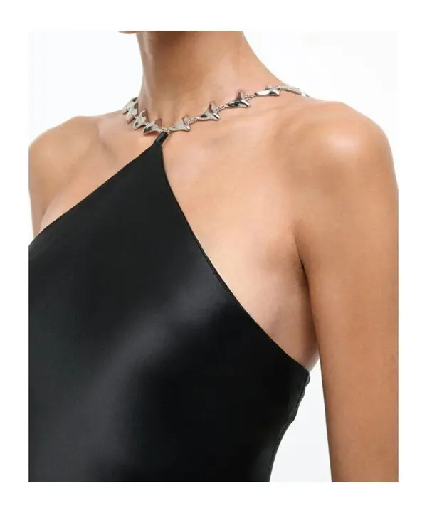 Staud Long Satin Halterneck Dress With Silver Beaded Straps