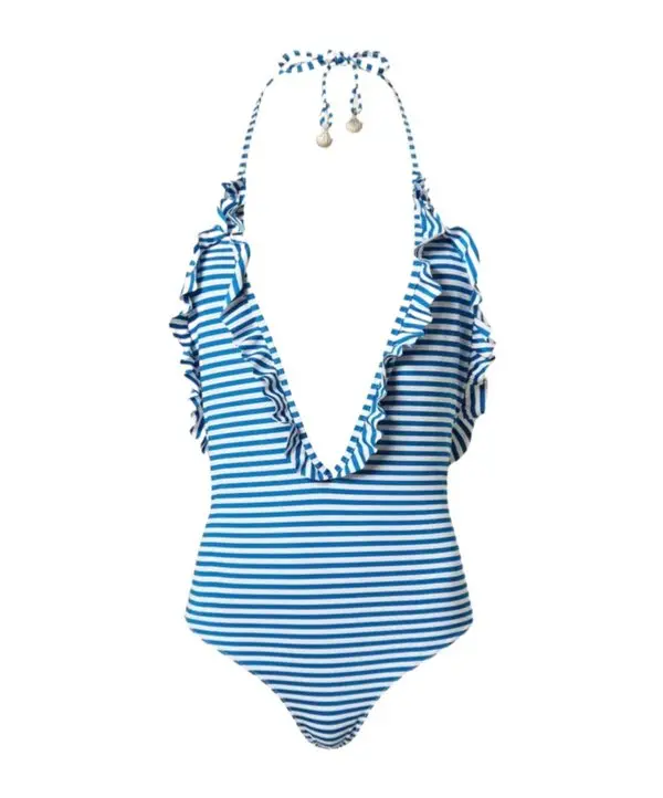 TWINSET Ruffled Striped Bathing Suit - Blue