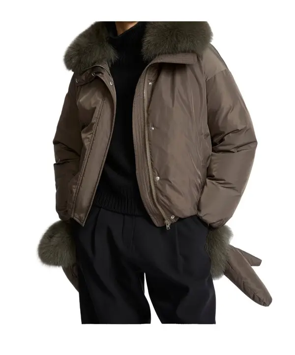 YVES SALOMON Short Technical Fabric Down Jacket With Detachable Fox Fur Collar