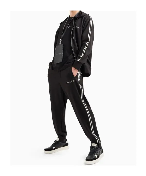 Armani Exchange Hooded Zipper Cardigan With Sporty Stripes - Black