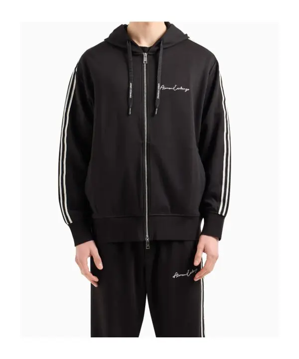Armani Exchange Hooded Zipper Cardigan With Sporty Stripes - Black