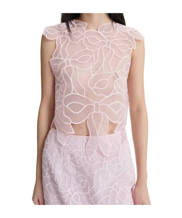 Cecilie Bahnsen Sleeveless Embroidered Bow Top - Blush Pink