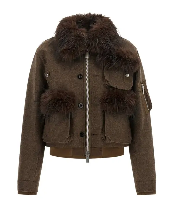 Sacai Melton Wool Bomber Jacket With Fur Accents