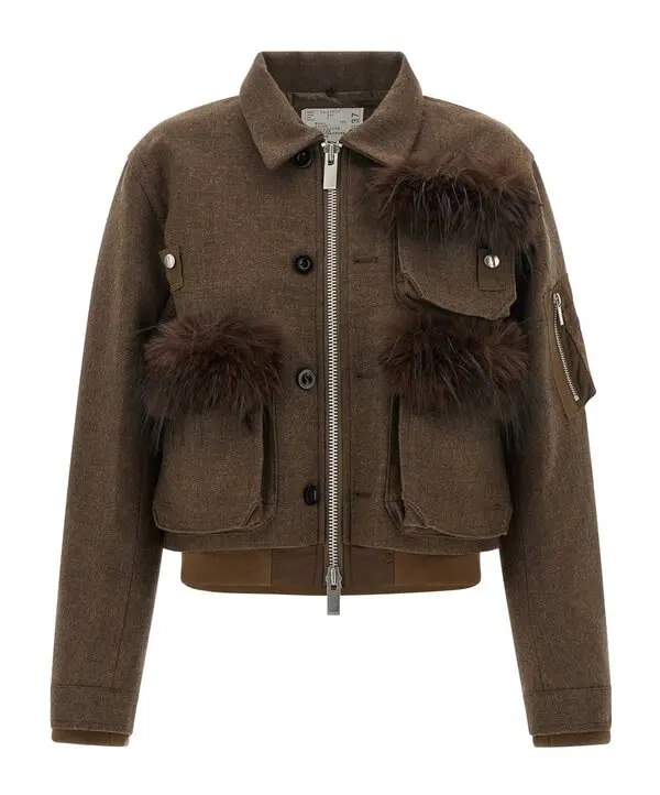 Sacai Melton Wool Bomber Jacket With Fur Accents