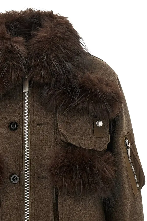 Sacai Melton Wool Bomber Jacket With Fur Accents