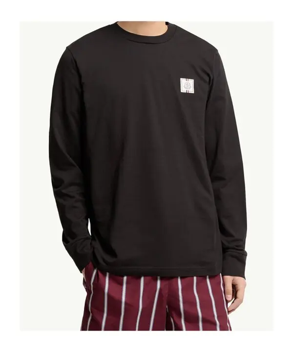 Moncler Tricolor Logo Long Sleeve Cotton T-shirt - Black