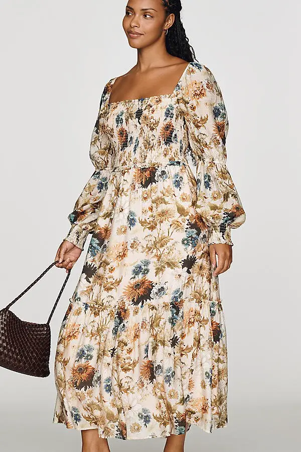 Anthropologie Puff Sleeve Midi Dress - Gold