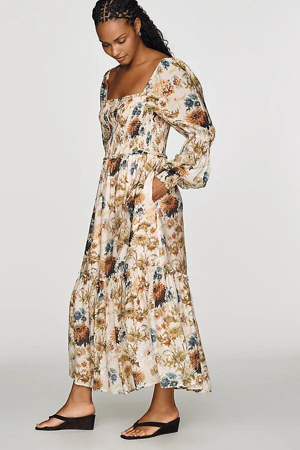Anthropologie Puff Sleeve Midi Dress - Gold