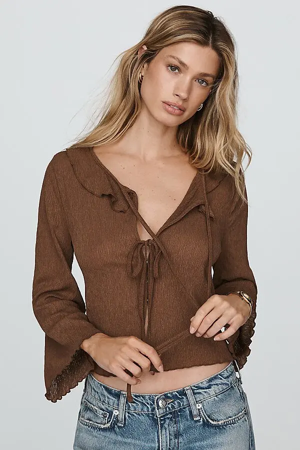 Anthropologie Plissé Cardigan Top With Tie Detail - Pinecone