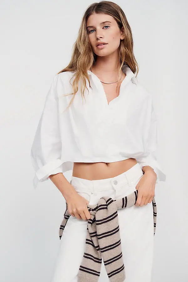 Anthropologie Cropped Cotton Bubble-hem Shirt - White