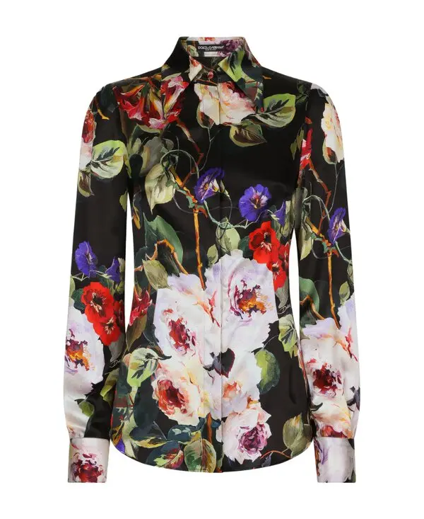 Dolce & Gabbana Dolce Gabbana Rose Garden Printed Satin Shirt - Black