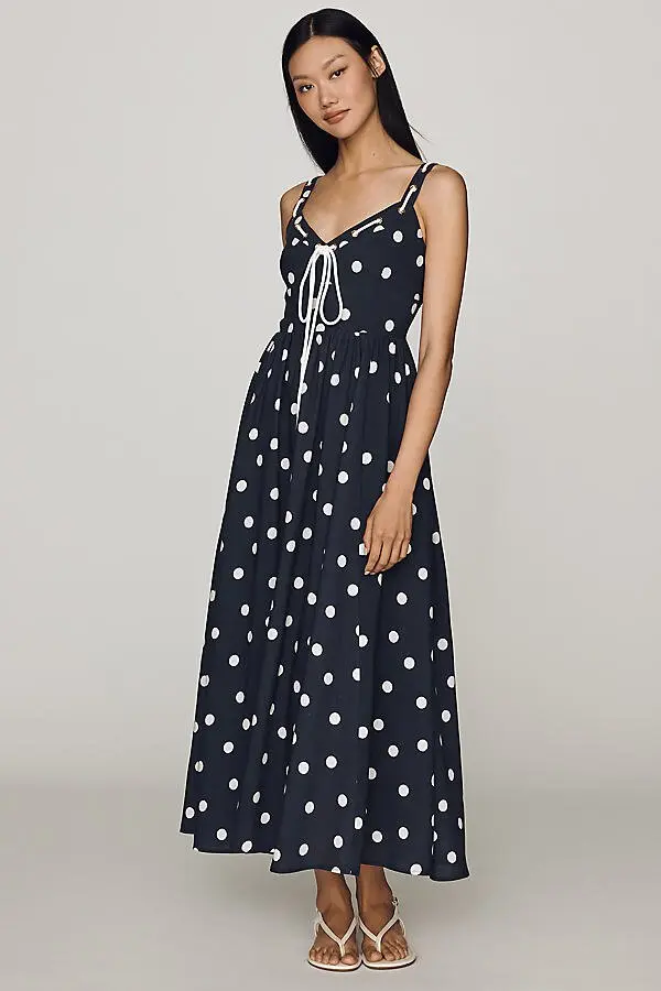 English Factory Cotton Linen Polka Dot Midi Dress