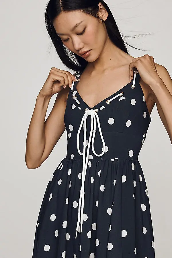 English Factory Cotton Linen Polka Dot Midi Dress
