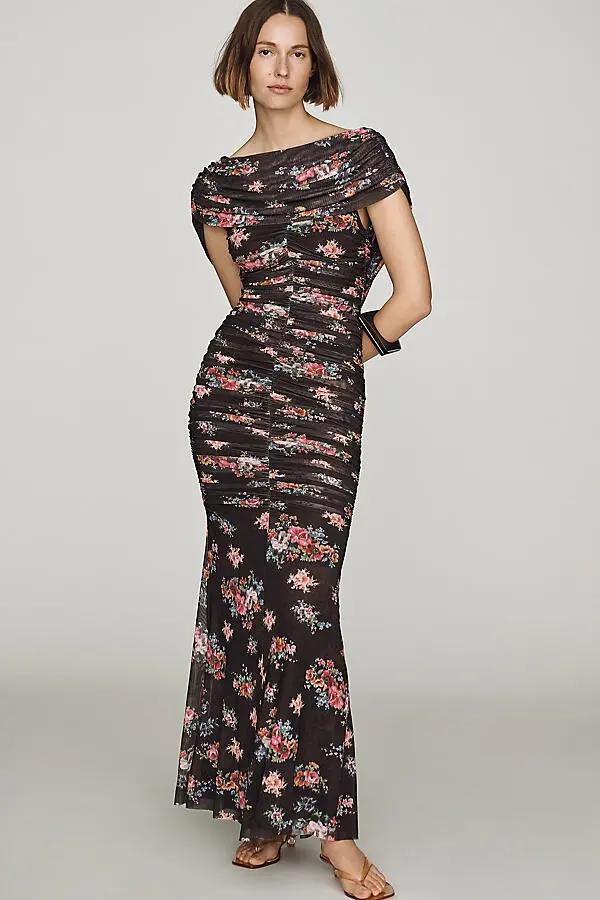 AFRM Floral Print Ruched Cap Sleeve Maxi Dress