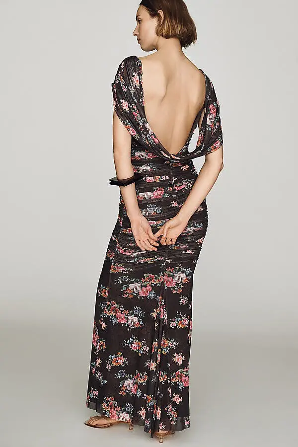 AFRM Floral Print Ruched Cap Sleeve Maxi Dress
