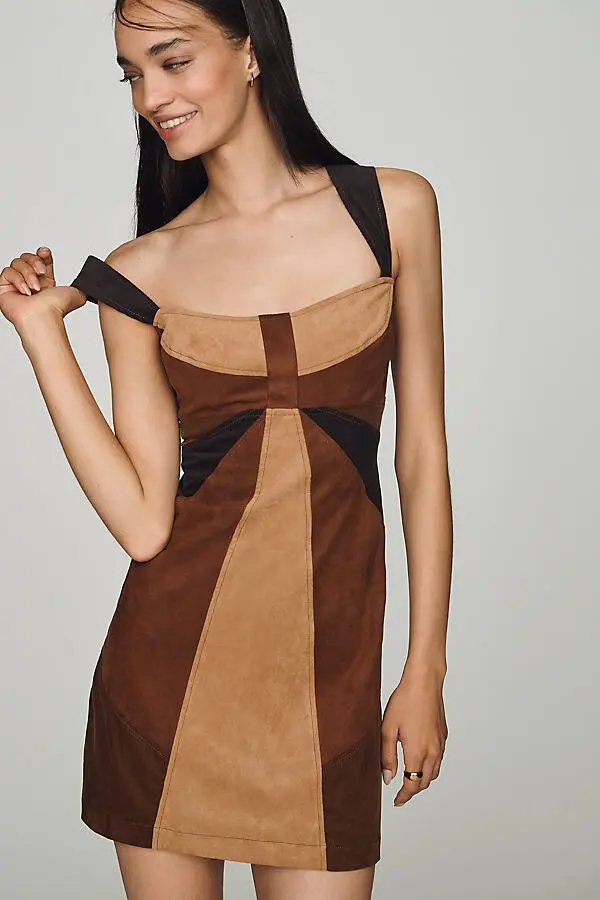 Anthropologie Faux-suede Geometric Paneled Mini Dress