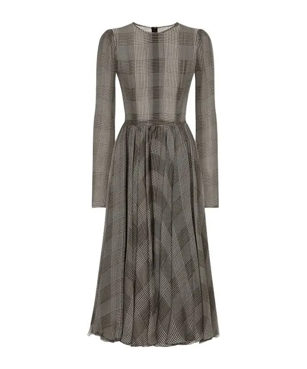Dolce & Gabbana Dolce Gabbana Glen Plaid Printed Chiffon Midi Dress - Black