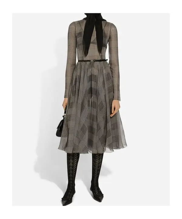 Dolce & Gabbana Glen Plaid Printed Chiffon Midi Dress