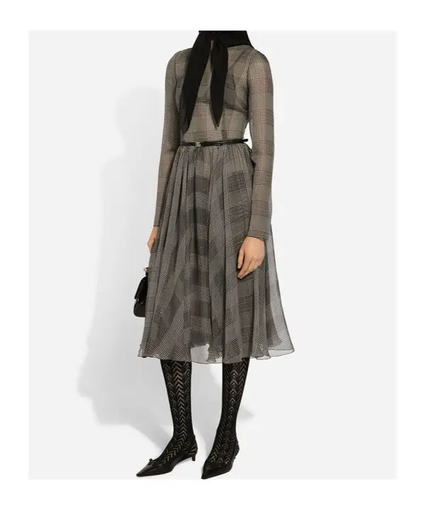 Dolce & Gabbana Glen Plaid Printed Chiffon Midi Dress