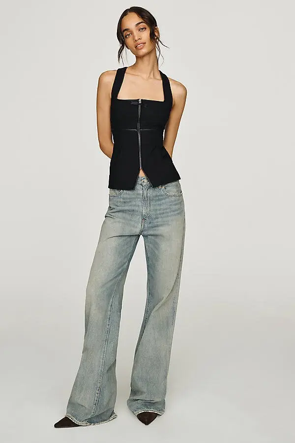 Anthropologie Zip-up Square Neck Cropped Top