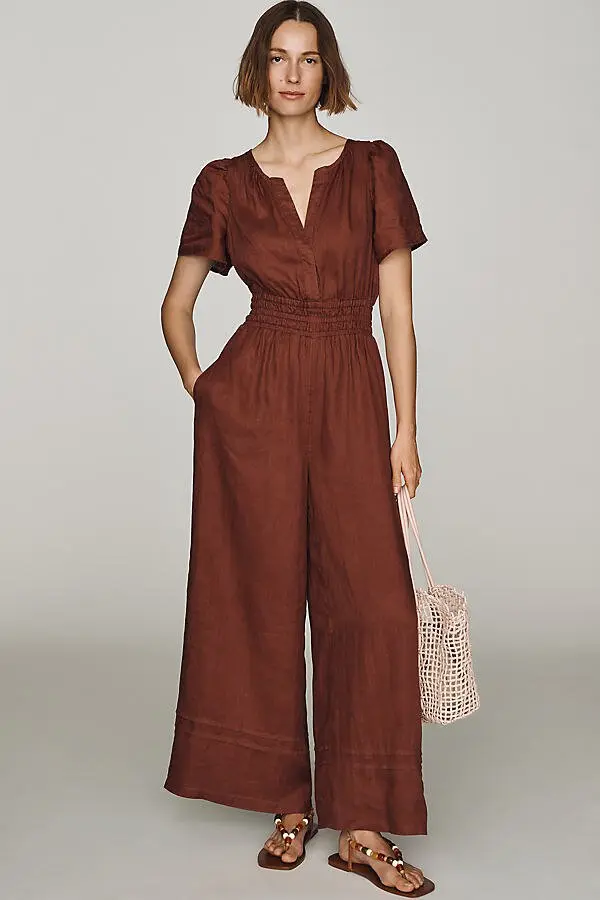 THE SOMERSET COLLECTION BY ANTHROPOLOGIE Linen Wide-leg Jumpsuit - Brown