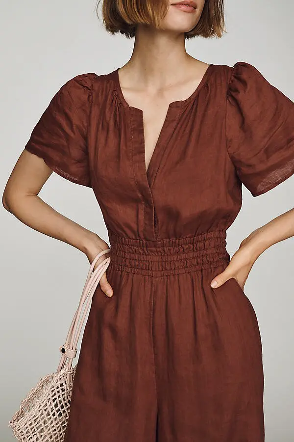 THE SOMERSET COLLECTION BY ANTHROPOLOGIE Linen Wide-leg Jumpsuit - Brown